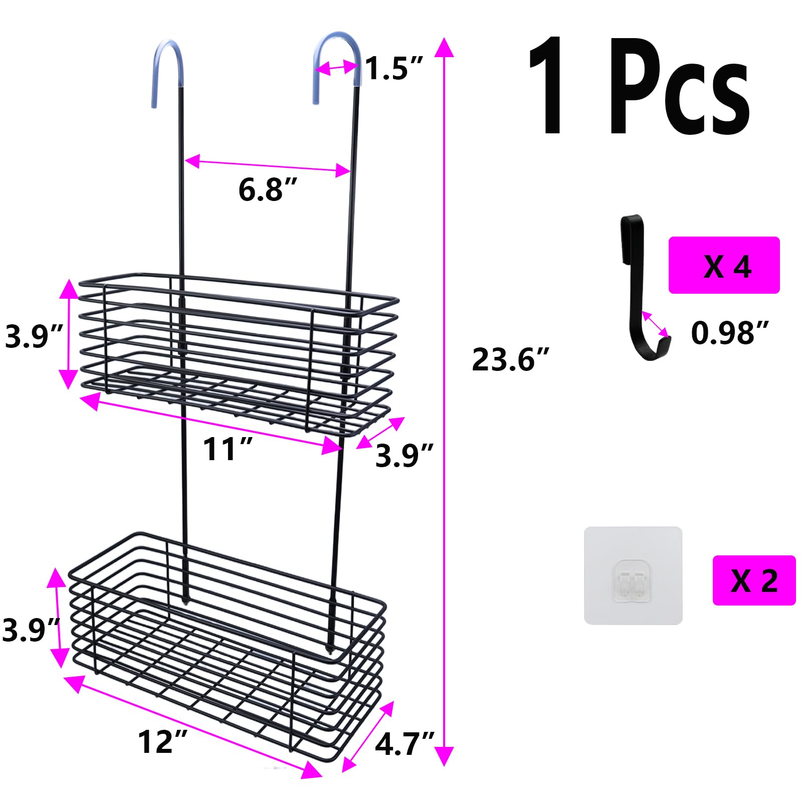 Semetall Hanging Shower Rack Black Shower Caddy Hanging with Hooks-No Drilling-the Back Hook Can be Rotated- Hung on the Faucet or Cross Bar-304 Stainless Steel-(Double Shelves)