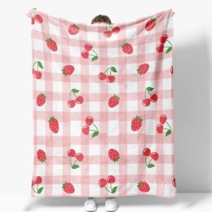 Strawberry Cherries Blanket Gifts for Women Girls Mom Birthday Christmas Valentines Presents Pink Fruit Theme Decor Bedroom Living Room Sofa Couch Soft Cozy Plush Kids Adults Teen Fleece Throw 60"x50"