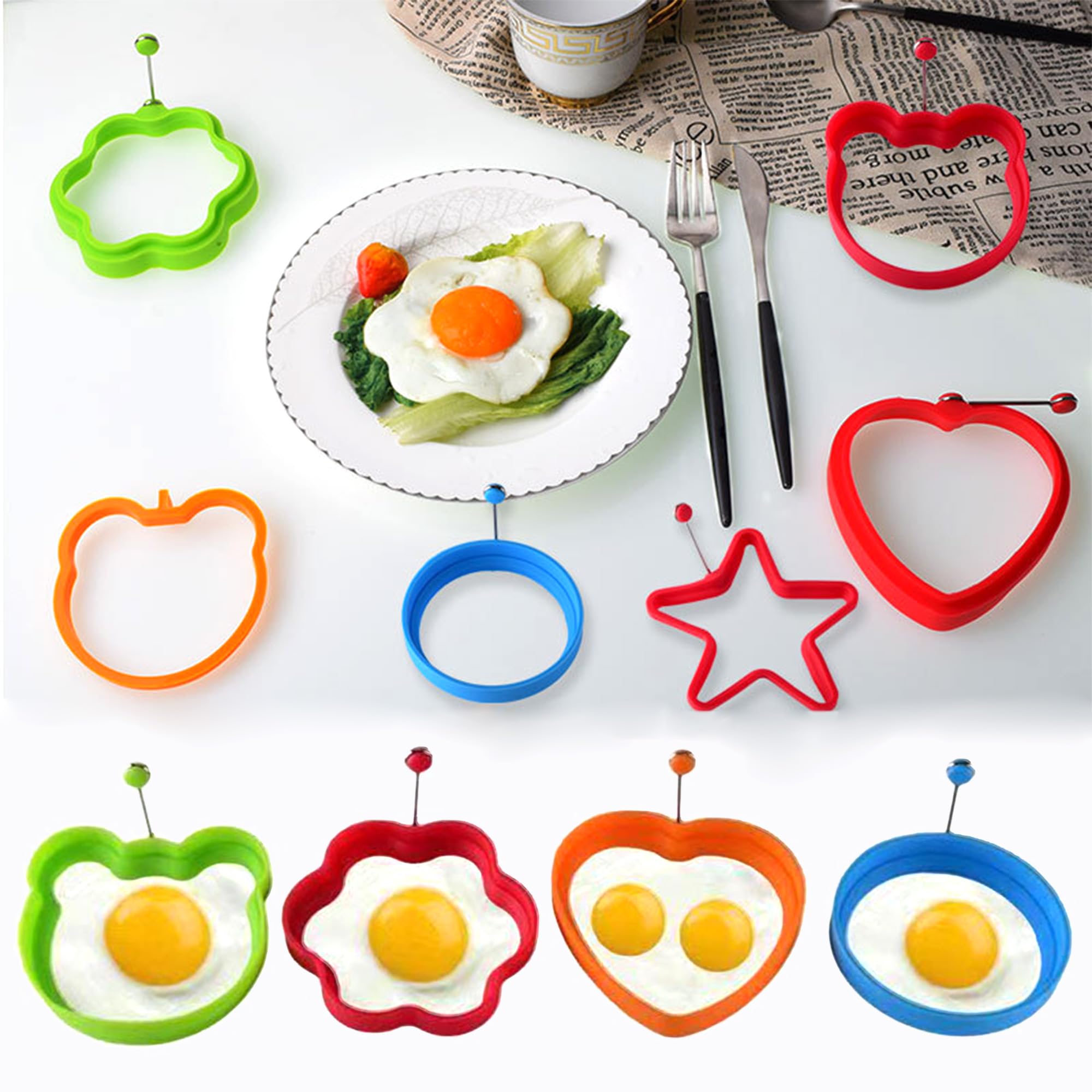 6 Packs Silicone Egg Rings, Heat Insulation Handles, Flexible Egg Rings for Frying Eggs Nonstick, Up to 230°C/446°F (Blue)