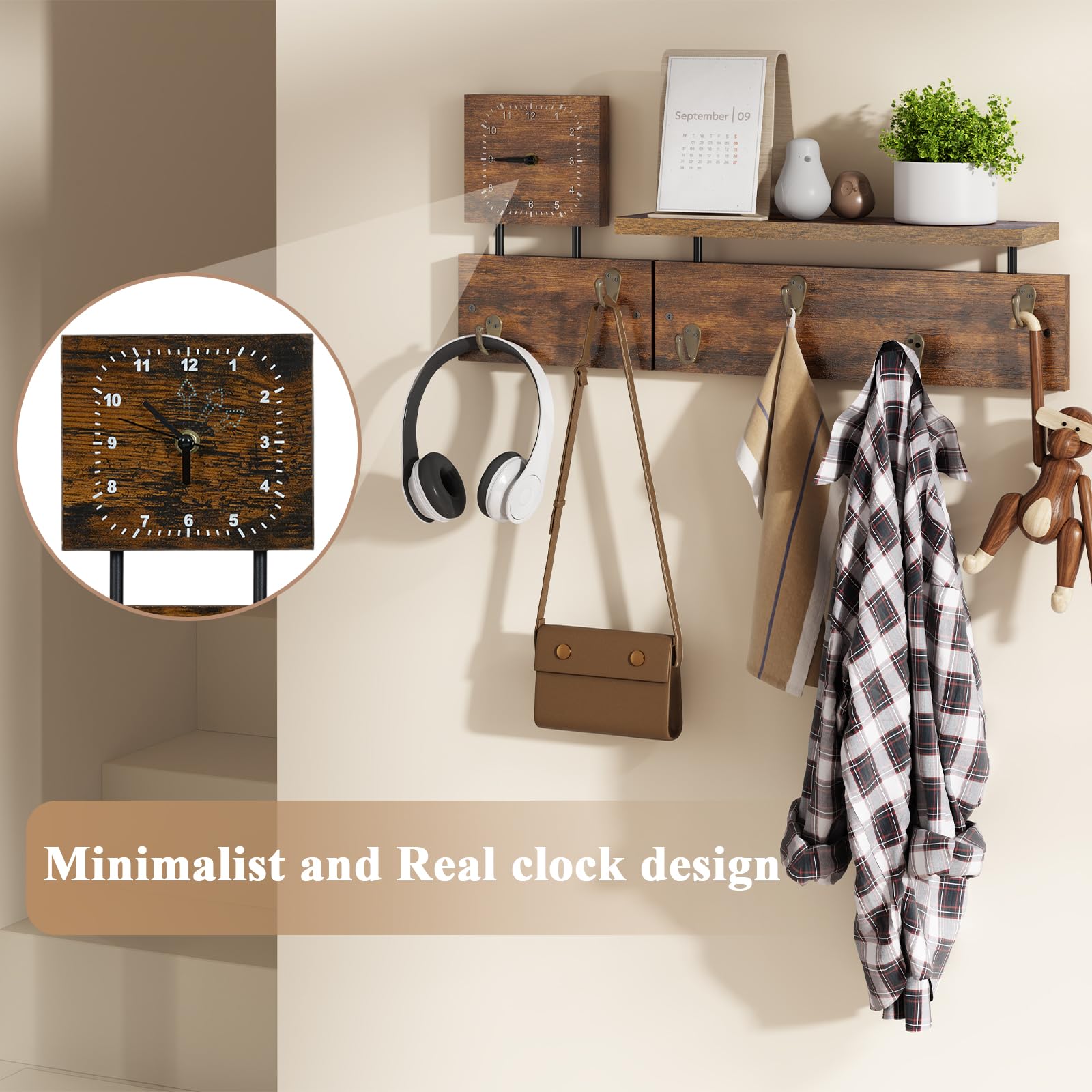 X-cosrack Coat Rack Wall Mount, Wooden Wall Mounted Storage Rack with Clock and 6 Hooks，Hanging Coat Rack with Shelf for Entryway, Bathroom, Living Room, Bedroom