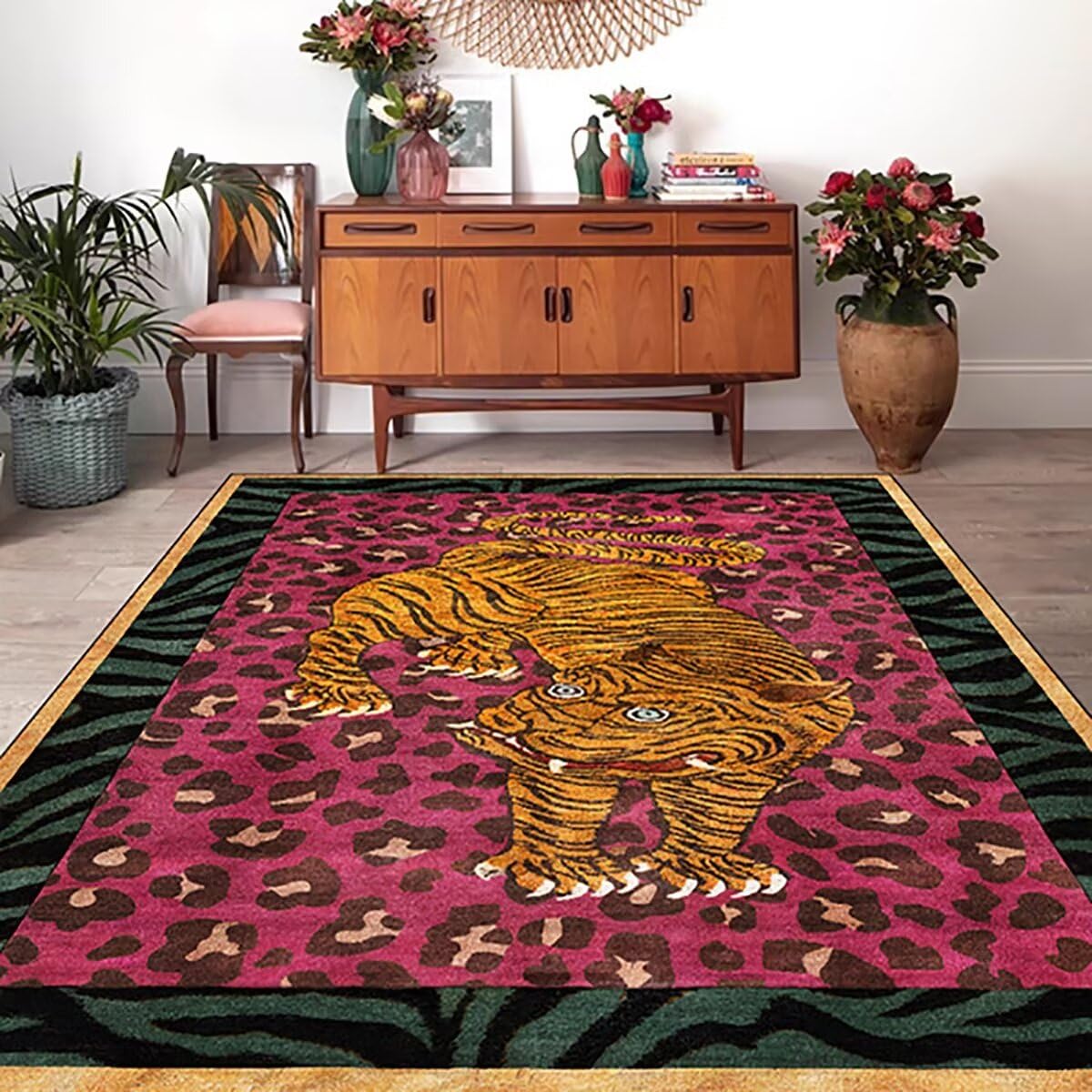 Boho Pink Tiger Rug 5x8 ft Leopard Print Rug Animal Print Area Rug for Bedroom Yellow Tiger Carpet for Living Room Non-Slip Washable Tiger Carpet