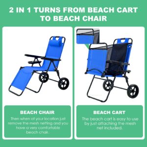 DoCred Beach Cart Chair - 2 in 1 Foldable Beach Chair with Wheels, Beach Lounge Chair, Chair Wagon Beach Cart with 5 Positions for Beach, Backyard, Pool, Camping or Picnic