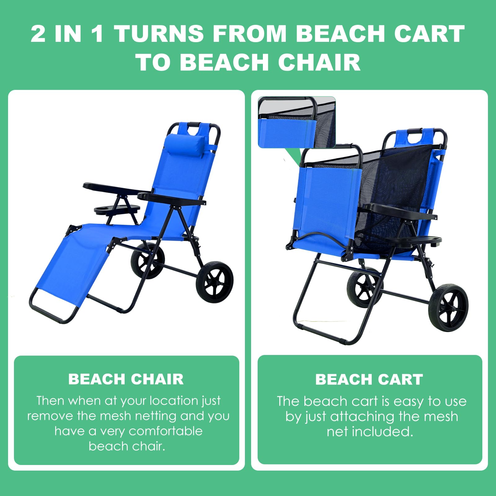 DoCred Beach Cart Chair - 2 in 1 Foldable Beach Chair with Wheels, Beach Lounge Chair, Chair Wagon Beach Cart with 5 Positions for Beach, Backyard, Pool, Camping or Picnic