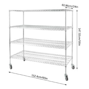 ETKEGHIP Adjustable Shelving with Wheels, 1760Lbs Heavy Duty 4-Tier Shelving Metal Shelves, 60x24x58in Steel Wire Storage Shelf Commercial Grade Utility Rack for Garage, Kitchen