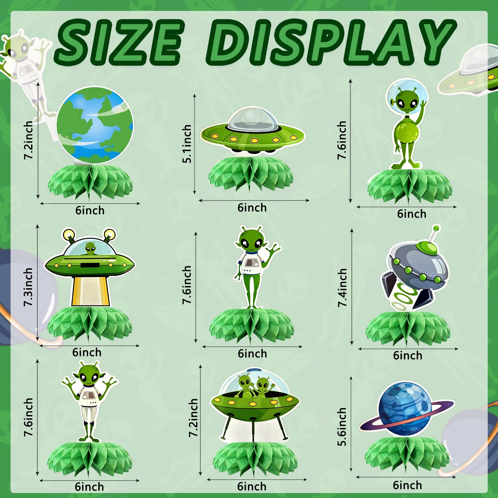 9 Pcs Alien Party Decorations Honeycomb Centerpiece Table Topper UFO Themed Green Alien Outer Space Party Supplies for Kids Adults Birthday Party Baby Shower Halloween Decor