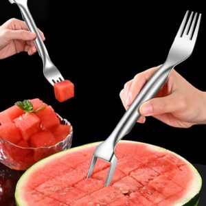 Watermelon Fork Slicer Cutter, 2-in-1 Stainless Steel Fruit Cutter, Summer Portable Watermelon Cutter Melon Cutter Tool, Multifunctional Fruit Fork for Home Kitchen,Camping