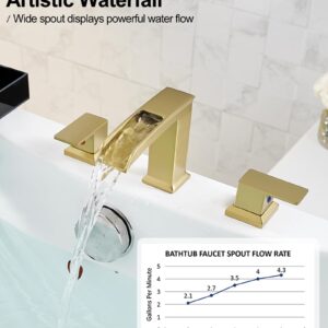 HOIGY Roman Bathtub Faucet Deck Mount 3 Hole, Brass Waterfall Faucet for Bathtub 6-16 Inch, Brushed Gold Tub Faucet Set 2 Handle, High Flow Widespread Bathtub Faucets with Water Hoses for Hotel