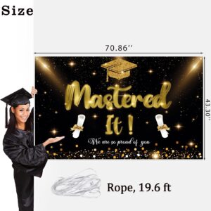 Labakita Mastered It Backdrop Banner, Masters Graduation Decorations, Masters Degree Graduation Banner, Graduation Decorations 2024, Graduation Party Indoor/Outdoor Decorations（Black and Gold）