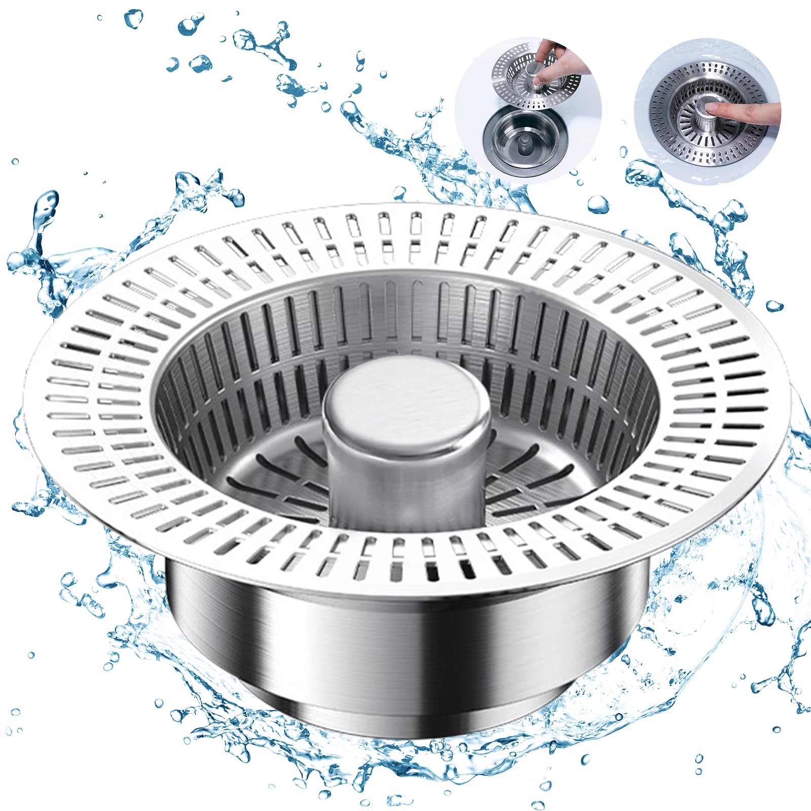 AAEJE【2024 New Upgrade】 3 in 1 Kitchen Sink Drain Strainer，Stainless Steel Pop Up Sink Drain Strainer，Kitchen Sink Stopper for US Standard 3-1/2" Drain