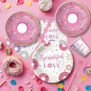 Suhelkit Donut Baby Sprinkle Decorations Tableware Girl - Sprinkled with Love Baby Shower Party Supplies, Paper Plate, Napkin, Cup, Tablecloth, Cutlery, Pink Donut Baby Shower Decorations | 24 Guests