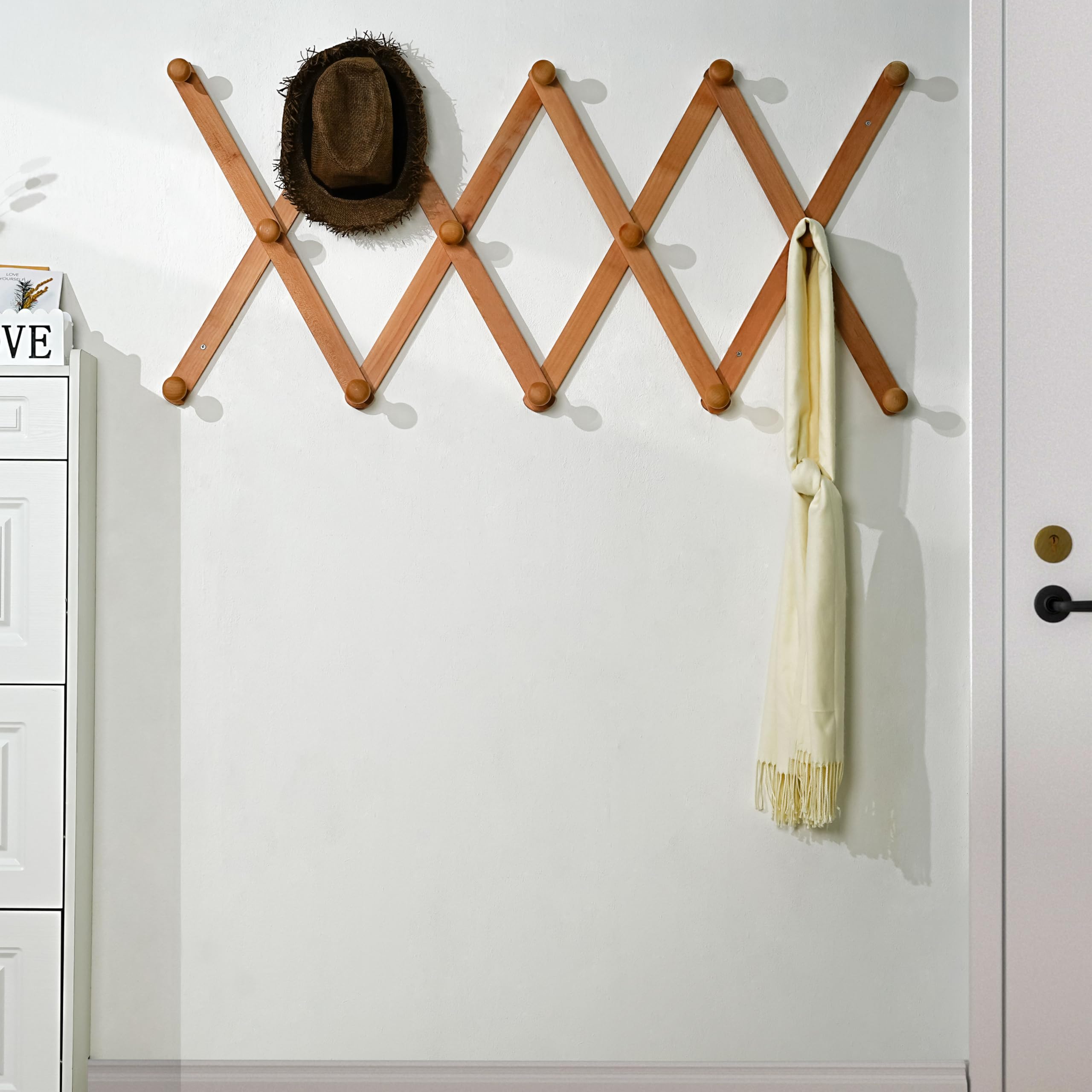 SKOLOO Wooden Wall Hat Rack, Large Accordion Wall Hanger, Modern, Expandable Hat Hooks for Wall, Versatile Hat, Bag, Scarf, and Coat Rack for Home, Office, and Studio, 14 Peg, Natural