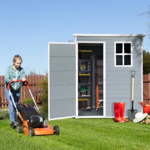 SumKea 5x3 FT Resin Storage Shed, with Padlock Storage Shed, Comes with Vents and Front Window Outdoor Shed, All-Season Waterproof Tool Shed, for Garden, Backyard, Lawn, Grey