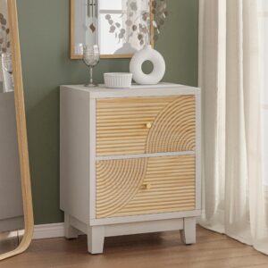 COZAYH 2-Drawer Farmhouse Nightstand X 2P, Mid Century Nightstand Fully Assembled with Handcrafted Wood Ring Pattern for Boho, Mid-Century, Rustic Style, White