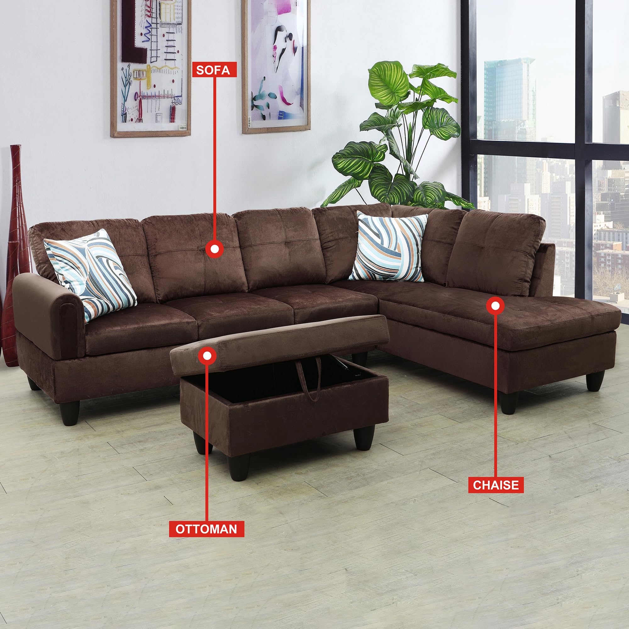 EMKK Sectional Sofa Couches for Living Room, Upholstered 4 Seat L-Shaped Sofa&Couch with Flannel Fabric and Chaises for Apartment, Office