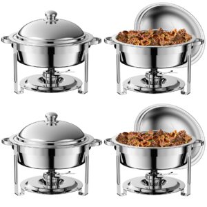 4 pack round chafing dish buffet set,stainless steel 8qt round buffet servers and warmers, thick stand frame catering chafe with mirror covers,food warmer for party, weddings,picnic