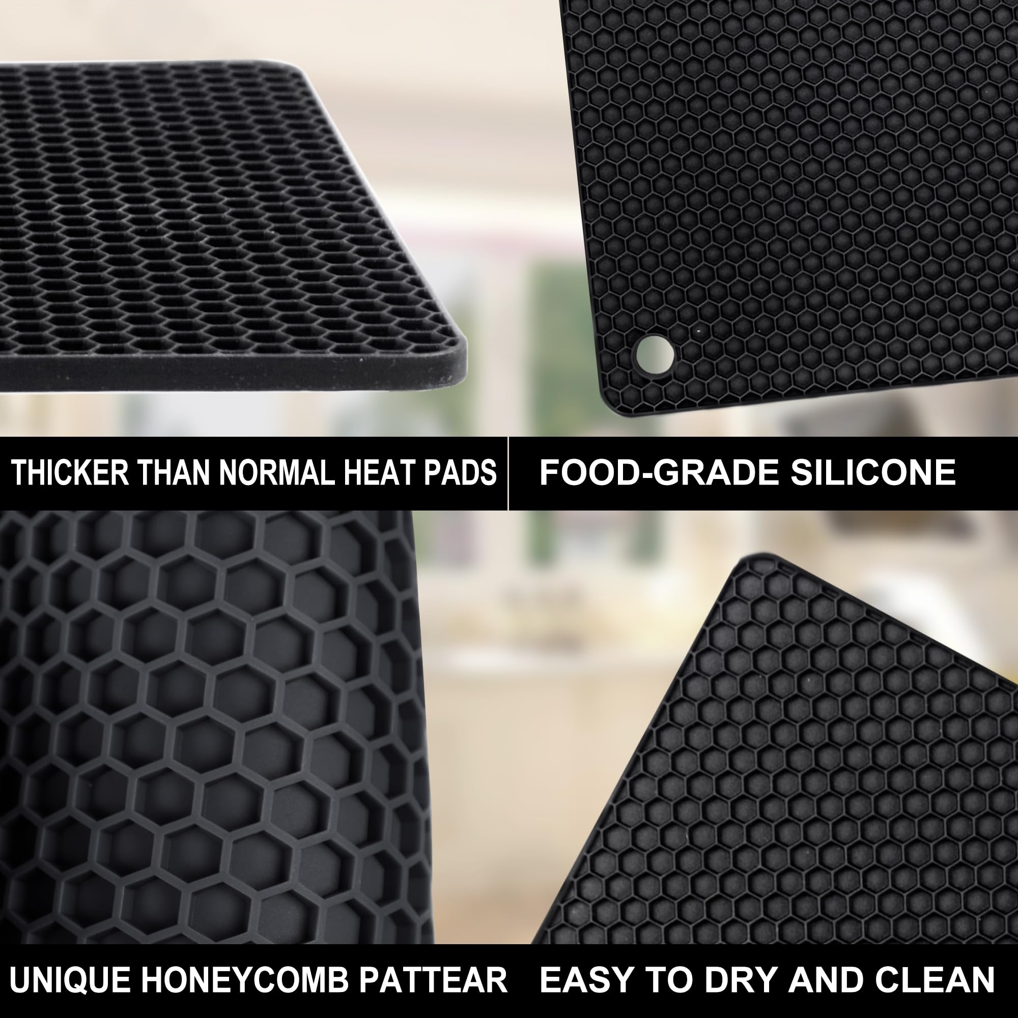 AICMEI Silicone Trivets for Hot Pots and Pans,4 Packs Multipurpose Non Slip Heat Resistant Pot Holder,Heat Resistant Pot Holders Silicone Mats for Kitchen Countertops/Table (Square-Black)