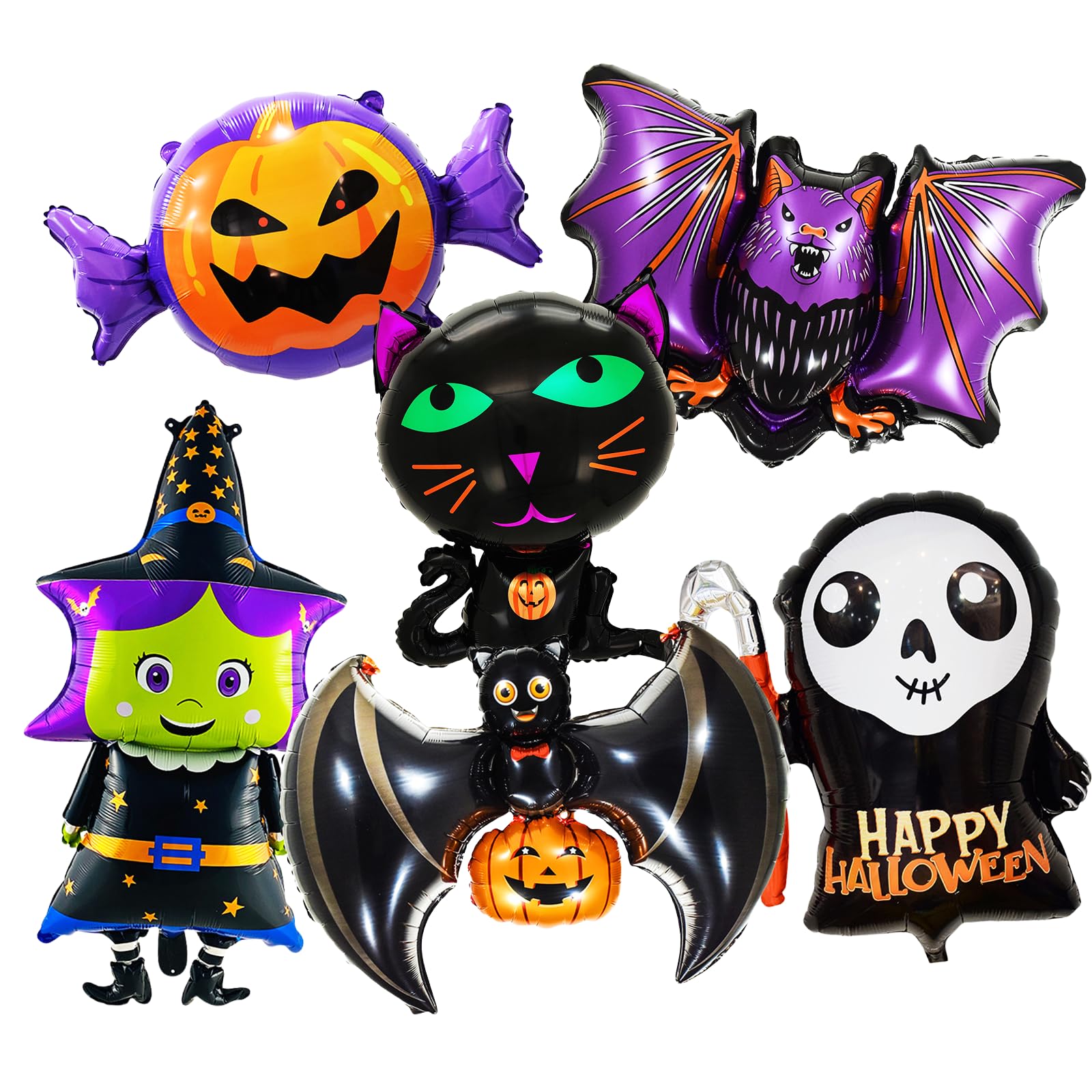 7 Pieces Large Halloween Foil Balloons Decorations Set, Includes Bat, Witch, Pumpkin, Black Cat, Skeleton, Ghost and Spider Designs Mylar Balloons for Spooky Trick-or-Treating Party Supplies