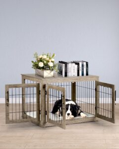 upolana large dog crate furniture, 38 inch dog crates with bed pad, wooden dog kennel furniture, end table dog cage with 3 doors, greige s35812