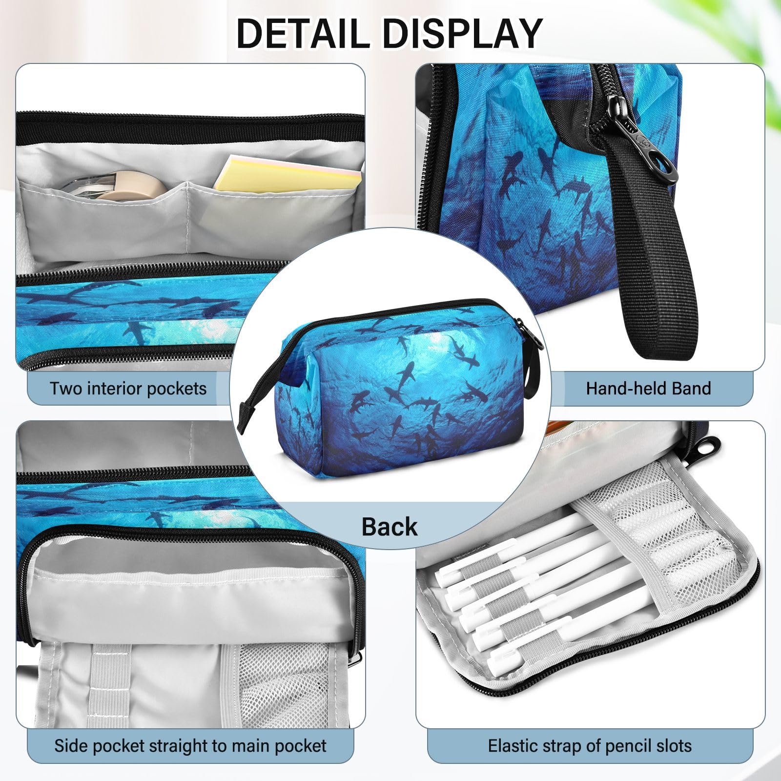 Quteprint Large Capacity Pencil Case, Sea Ocean Animal Sharks Portable Pencil Bag Pen Case Pouch with Zipper, Office School Stationery Bag Pencil Box Holder for Teens Girls Boys Adults Student