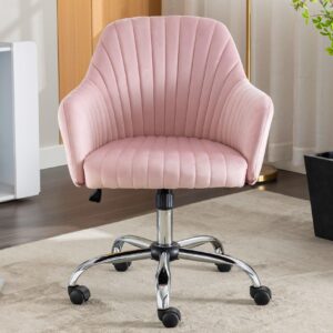 geaimqx pink velvet vanity desk chair with back and wheels, cute makeup chair for vanity, modern swivel rolling chair for bedroom home office makeup room, adjustable high silver legs (pink)