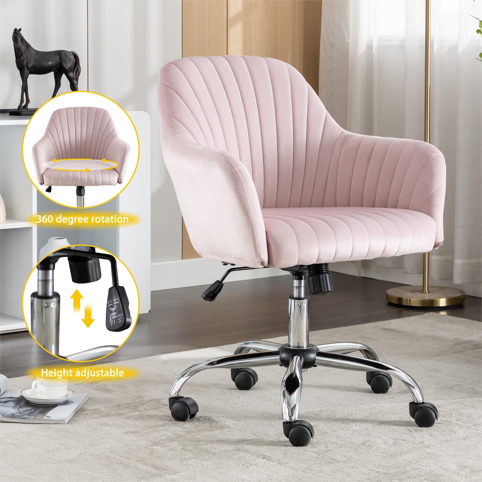 GEAIMQX Pink Velvet Vanity Desk Chair with Back and Wheels, Cute Makeup Chair for Vanity, Modern Swivel Rolling Chair for Bedroom Home Office Makeup Room, Adjustable High Silver Legs (Pink)