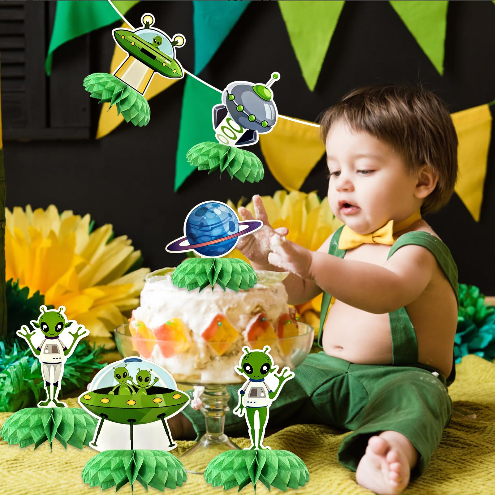 9 Pcs Alien Party Decorations Honeycomb Centerpiece Table Topper UFO Themed Green Alien Outer Space Party Supplies for Kids Adults Birthday Party Baby Shower Halloween Decor