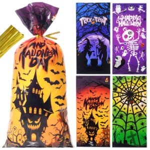 hilopack halloween treat bags for candy, 50pcs halloween goodie bags with twist ties, halloween candy bags gift bags for kids halloween trick or treat party supplies, hallowen favors bag decor (goody)