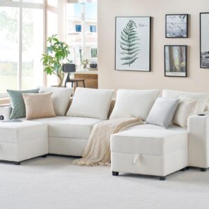 AMERLIFE 114 Inch Sectional Sofa,6 Seats Modular Sectional Sofa with Storage, U Shaped Couch with 2 USB Ports &Cup Holders, Ottomans, 4 Pieces Set White Bouclé Sofa Couch