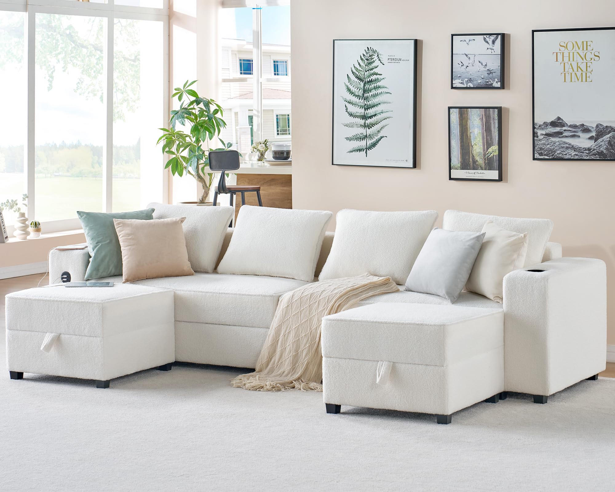 AMERLIFE 114 Inch Sectional Sofa,6 Seats Modular Sectional Sofa with Storage, U Shaped Couch with 2 USB Ports &Cup Holders, Ottomans, 4 Pieces Set White Bouclé Sofa Couch