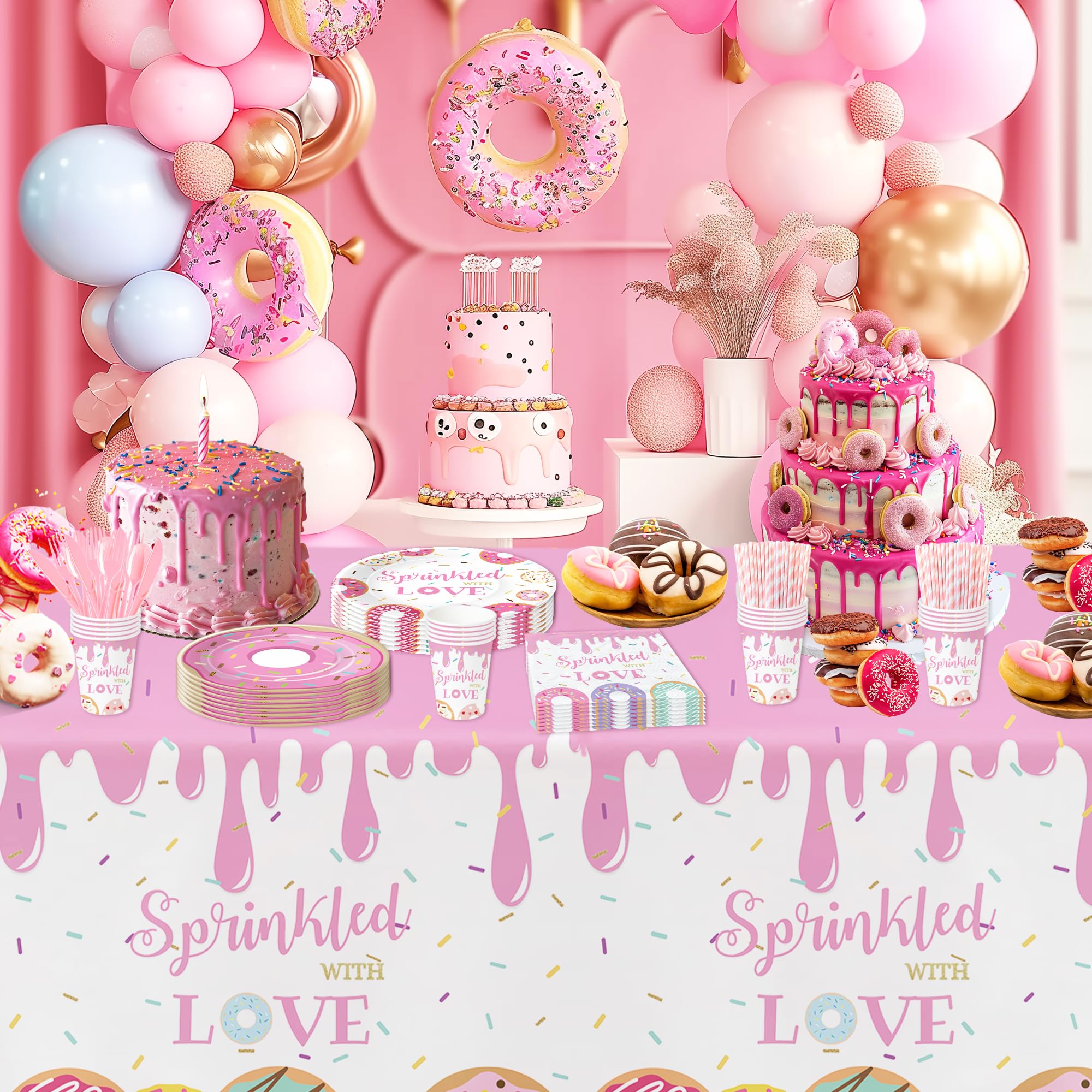 Suhelkit Donut Baby Sprinkle Decorations Tableware Girl - Sprinkled with Love Baby Shower Party Supplies, Paper Plate, Napkin, Cup, Tablecloth, Cutlery, Pink Donut Baby Shower Decorations | 24 Guests