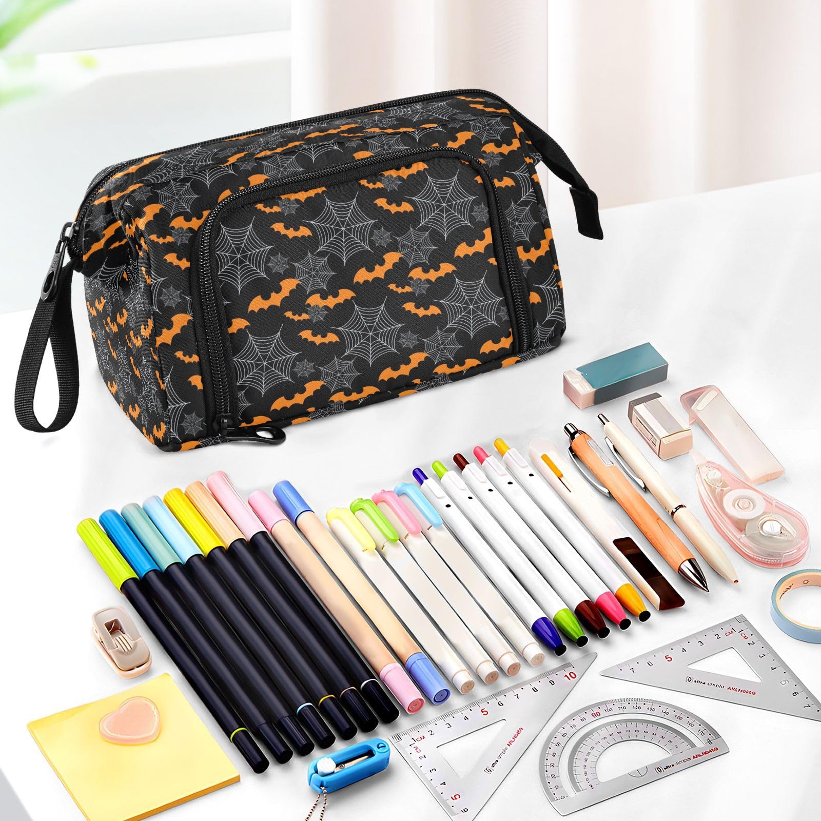 Quteprint Large Capacity Pencil Case, Abstract Goth Halloween Bats Portable Pencil Bag Pen Case Pouch with Zipper, Office School Stationery Bag Pencil Box Holder for Teens Girls Boys Adults Student