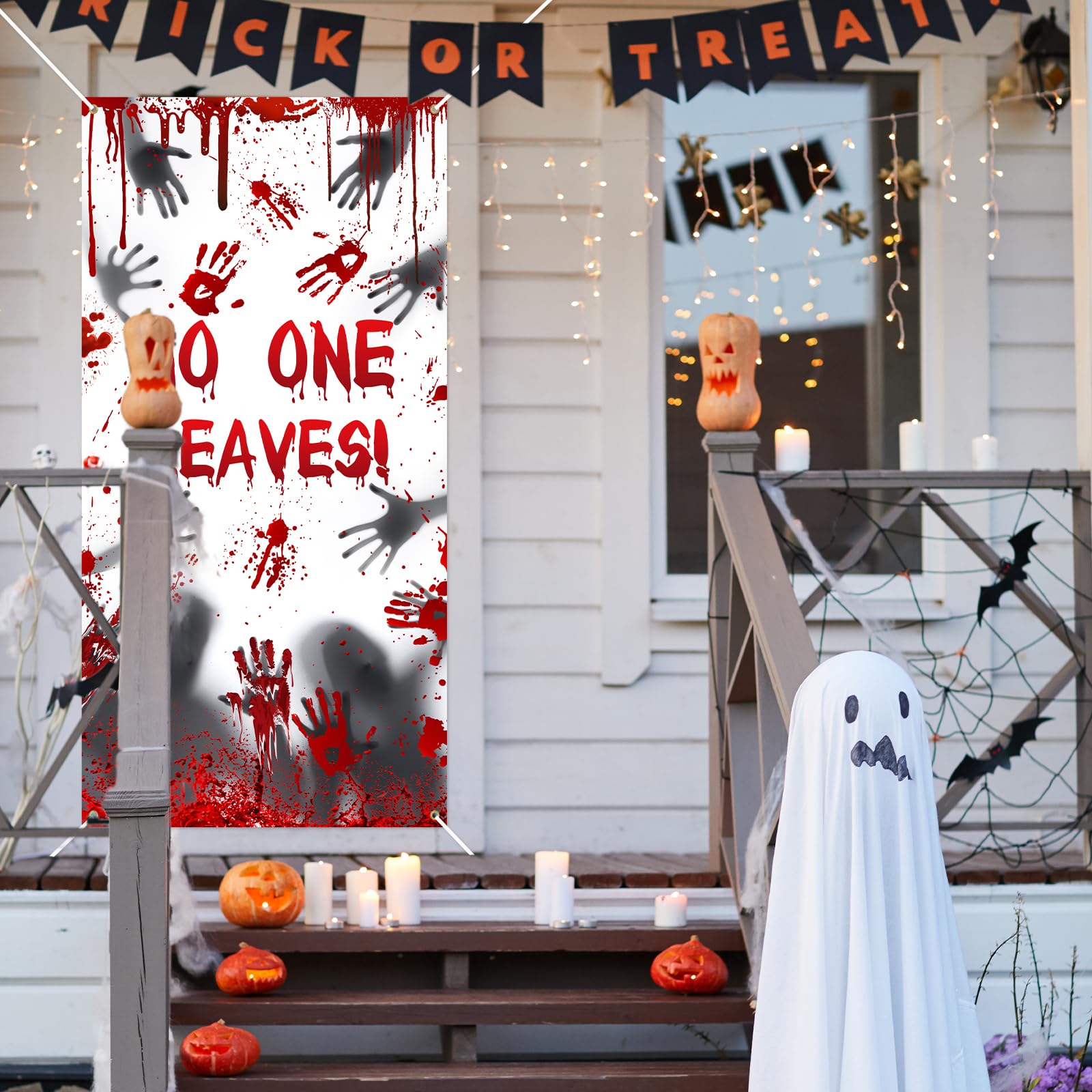 Avezano Halloween Door Decorations Halloween Window Door Cover Bloody Handprints Shadowy Figure Halloween Banner Decorations Indoor Outdoor