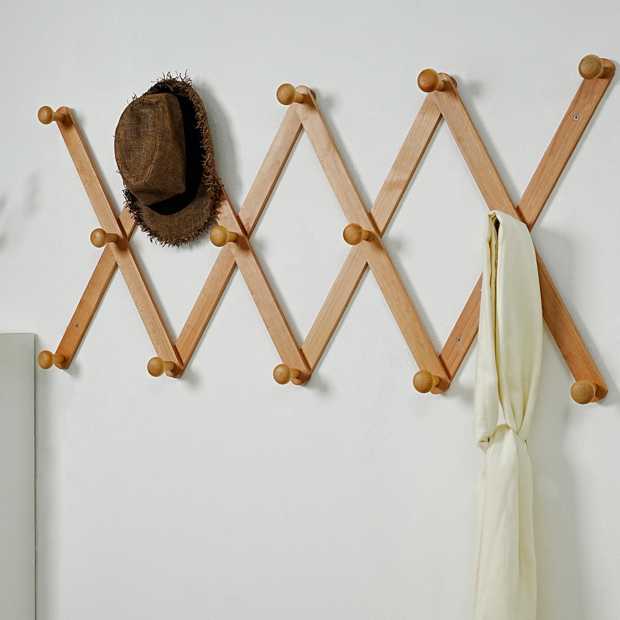 SKOLOO Wooden Wall Hat Rack, Large Accordion Wall Hanger, Modern, Expandable Hat Hooks for Wall, Versatile Hat, Bag, Scarf, and Coat Rack for Home, Office, and Studio, 14 Peg, Natural