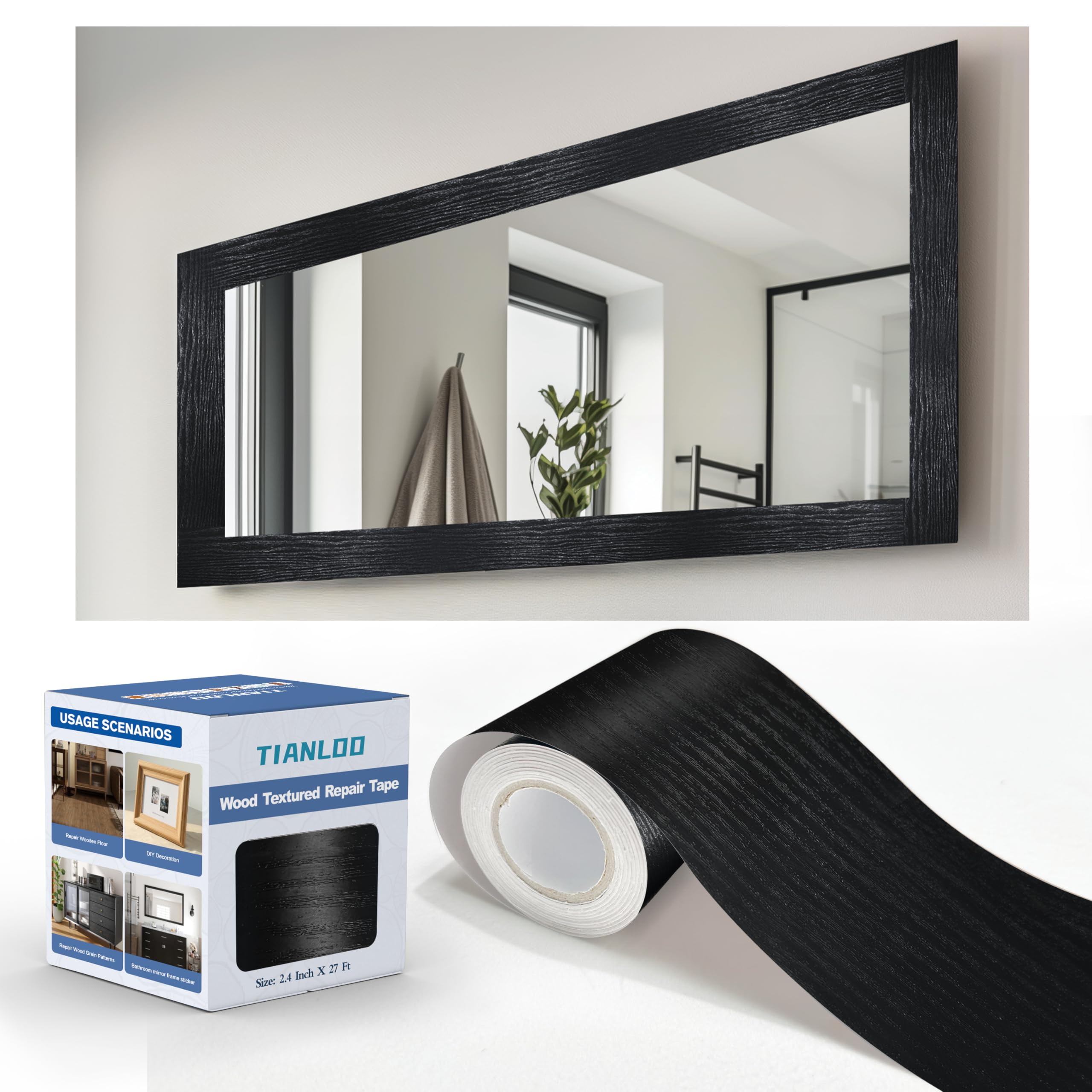 TIANLDD 27 FT Wood Grain Wallpaper Border, Removable Waterproof Mirror Border Peel and Stick,Bathroom Mirror Frame Border.(Black)