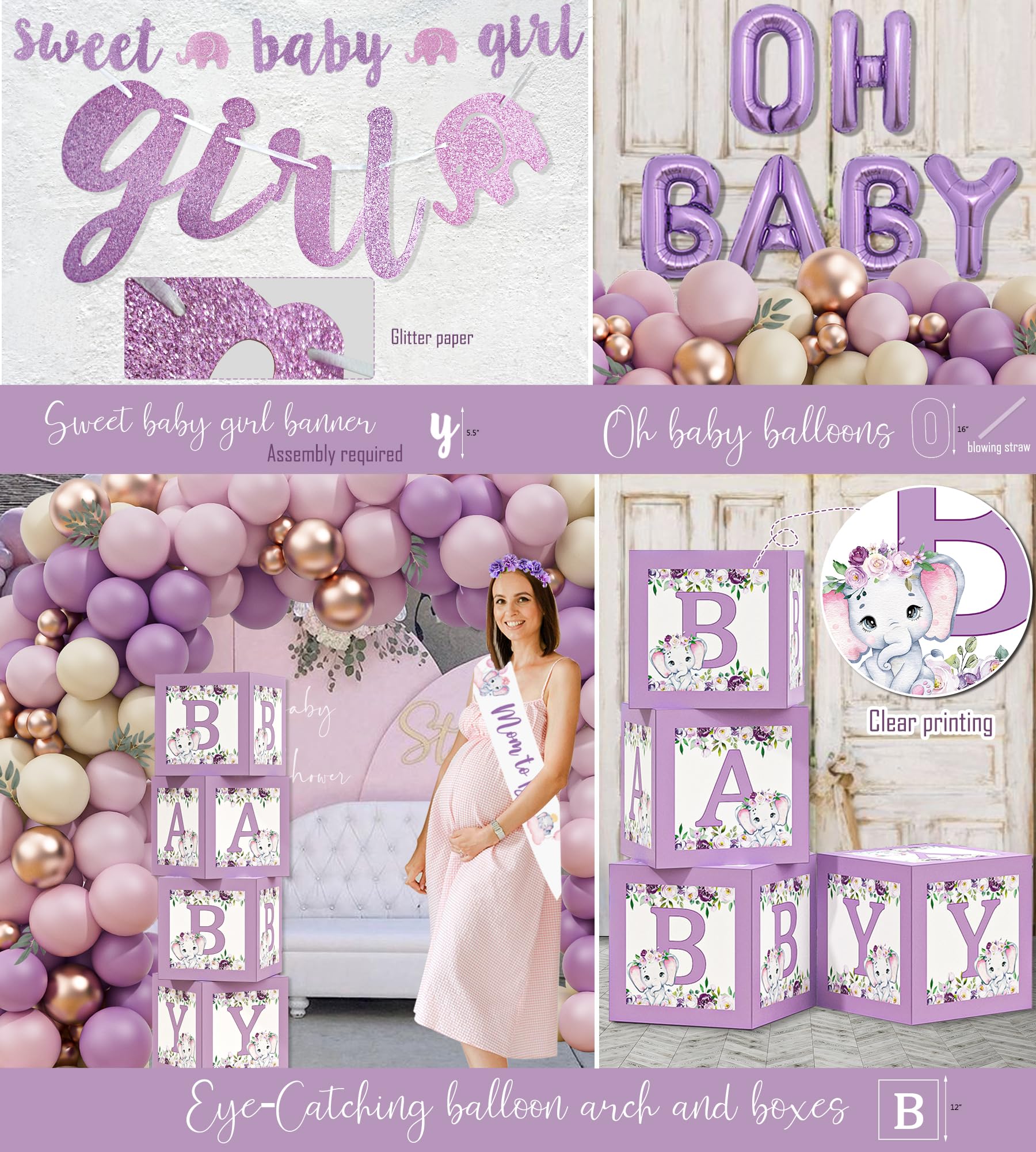 Elephant Baby Shower Decorations for Girl, Pink Purple Elephant Baby Shower Party Supplies, It's a Girl Backdrop Tablecloth Elephant Balloon Arch BABY Box Sweet Baby Girl Banner Mom to Be Sash