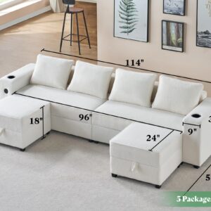 AMERLIFE 114 Inch Sectional Sofa,6 Seats Modular Sectional Sofa with Storage, U Shaped Couch with 2 USB Ports &Cup Holders, Ottomans, 4 Pieces Set White Bouclé Sofa Couch