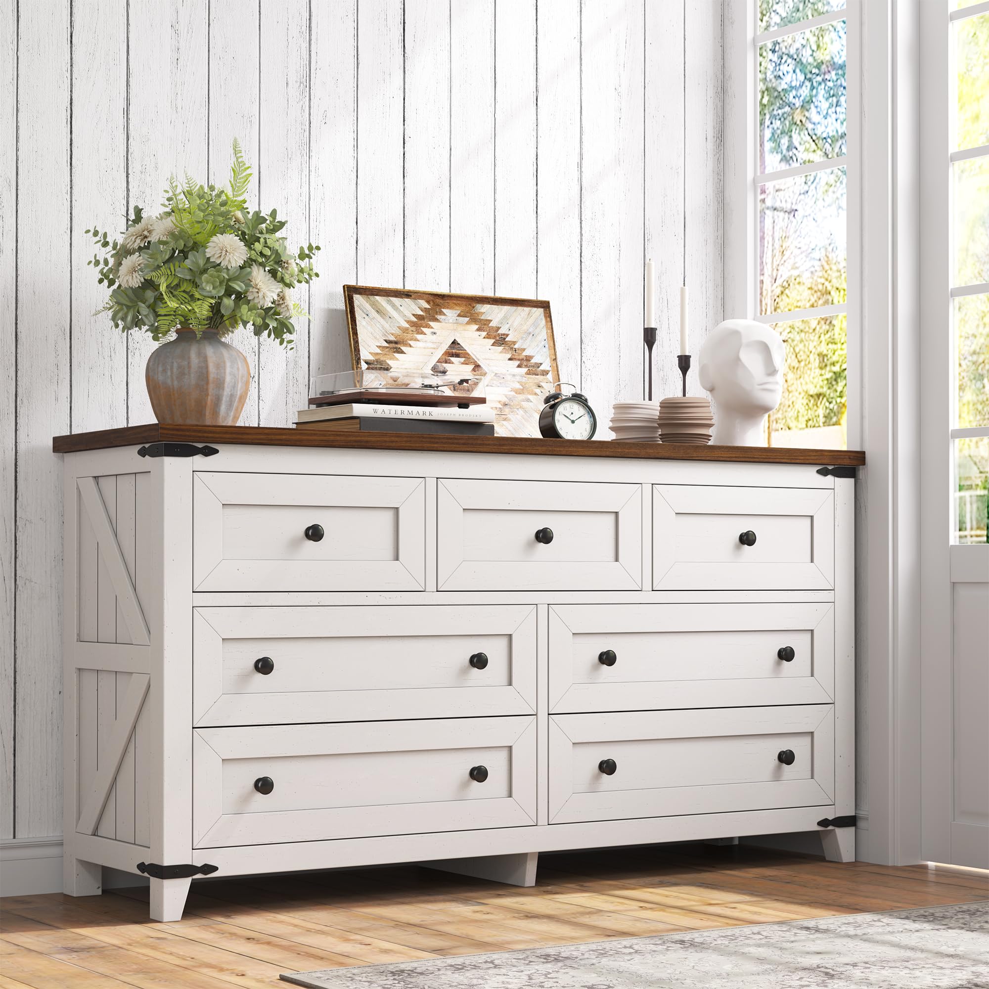 EnHomee Dresser for Bedroom Wood Dresser with 7 Drawers White Dresser with Smooth Metal Rail Long Dressers & Chests of Drawers Farmhouse Dresser for Bedroom Dresser TV Stand, Closet, Antique White