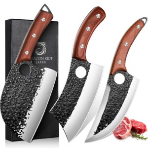 dragon riot professional butcher knife set for meat processing, 3pcs high carbon steel hand forged serbian cleaver chef knife set with ergonomic handles for kitchen outdoor cooking