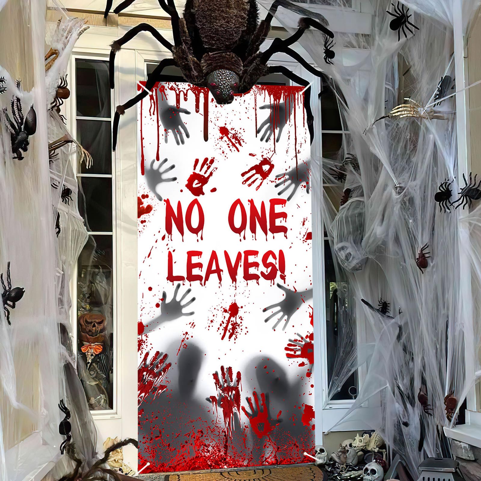 Avezano Halloween Door Decorations Halloween Window Door Cover Bloody Handprints Shadowy Figure Halloween Banner Decorations Indoor Outdoor