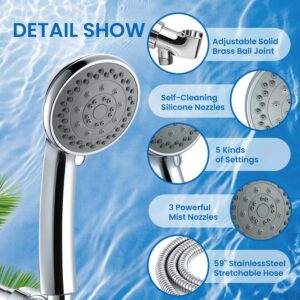 Shower Head, Axioblis 5 Function High Pressure Handheld ShowerHead with Shower Hose and Adjustable Bracket, Velynda