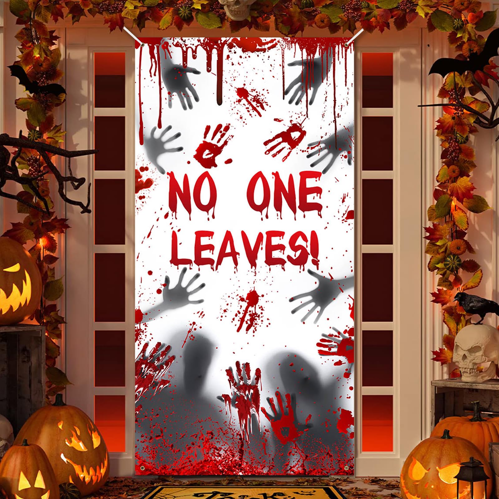 Avezano Halloween Door Decorations Halloween Window Door Cover Bloody Handprints Shadowy Figure Halloween Banner Decorations Indoor Outdoor