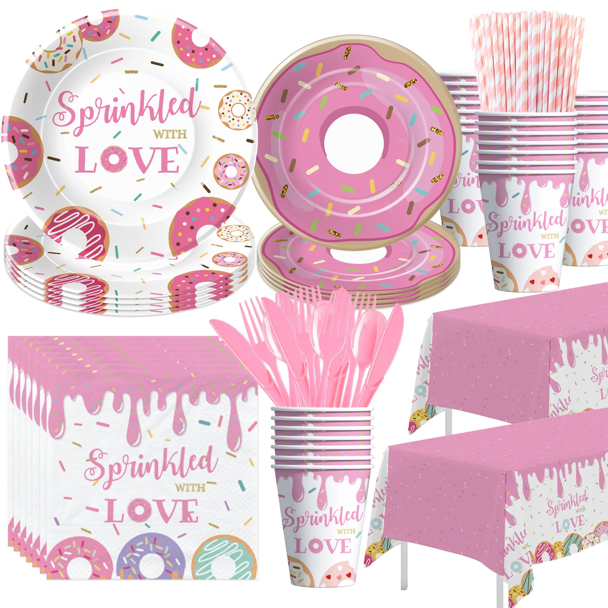 Suhelkit Donut Baby Sprinkle Decorations Tableware Girl - Sprinkled with Love Baby Shower Party Supplies, Paper Plate, Napkin, Cup, Tablecloth, Cutlery, Pink Donut Baby Shower Decorations | 24 Guests