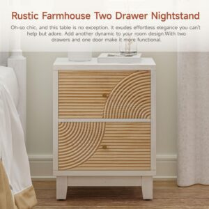 COZAYH 2-Drawer Farmhouse Nightstand X 2P, Mid Century Nightstand Fully Assembled with Handcrafted Wood Ring Pattern for Boho, Mid-Century, Rustic Style, White