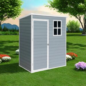 sumkea 5x3 ft resin storage shed, with padlock storage shed, comes with vents and front window outdoor shed, all-season waterproof tool shed, for garden, backyard, lawn, grey