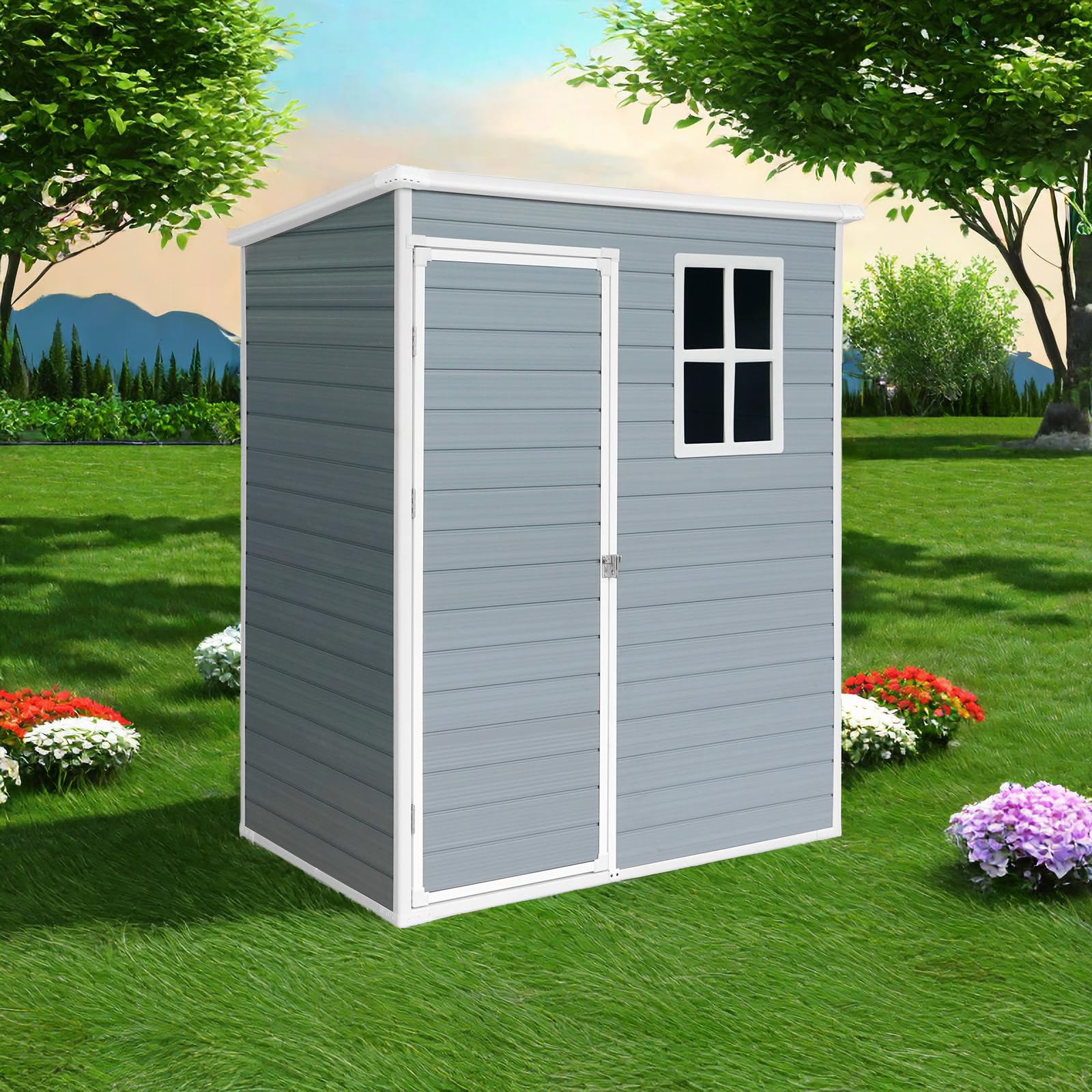 SumKea 5x3 FT Resin Storage Shed, with Padlock Storage Shed, Comes with Vents and Front Window Outdoor Shed, All-Season Waterproof Tool Shed, for Garden, Backyard, Lawn, Grey