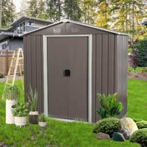 favfurish outdoor sheds 8 x 4 ft & outdoor storage clearance,heavy duty utility tool house with punched vents,sliding doors & padlock,waterproof garden shed for for backyard lawn patio,grey