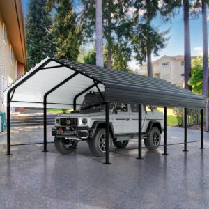 JY QAQA 12 x 20 ft Metal Carport, Heavy Duty Carport Canopy with Galvanized Steel Roof, Outdoor Car Tent Metal Garage Shelter for Car, SUV, Trucks and Boats