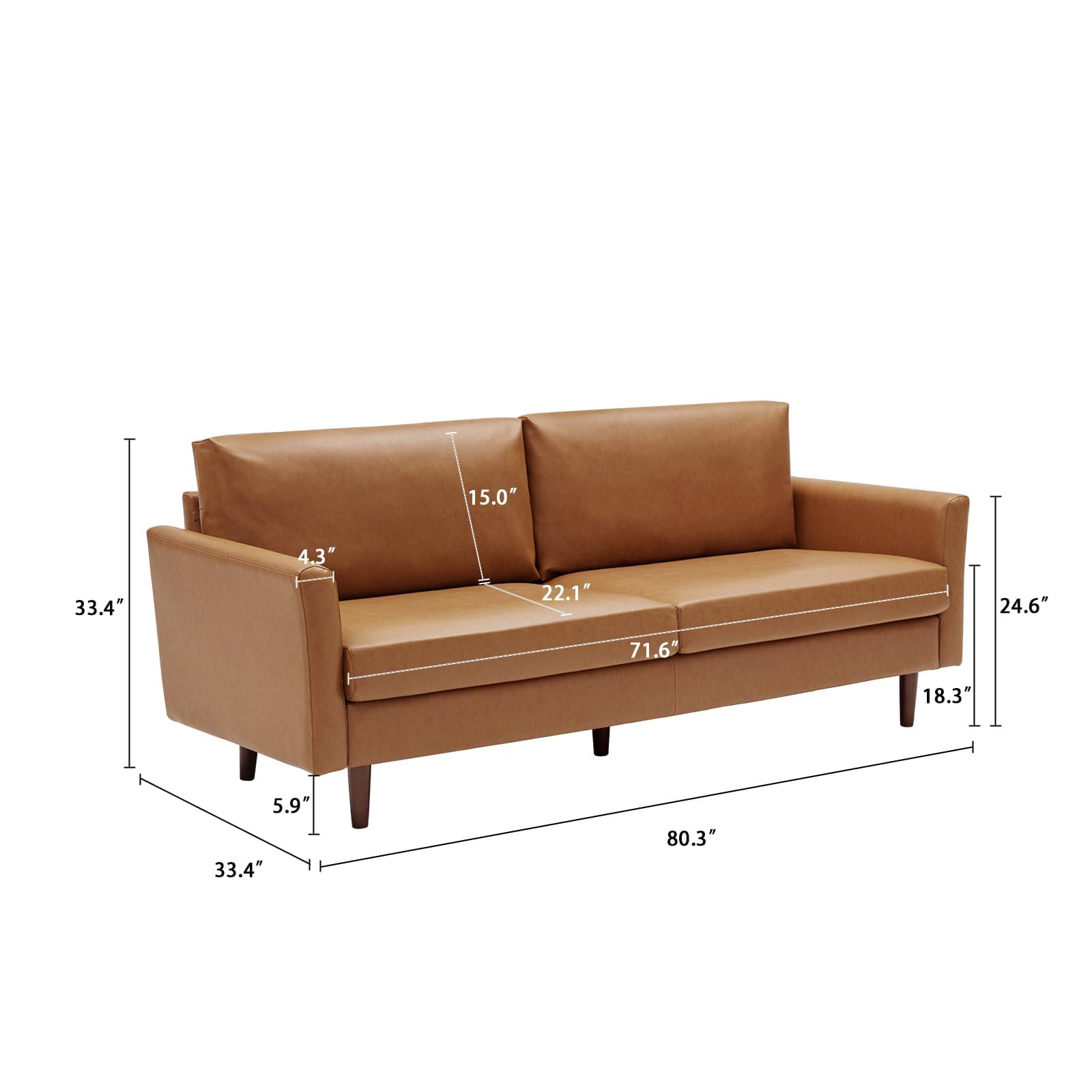 Kingfun 80'' Faux Leather Sofa for 3 People Leather Couch with Comfortably Wide Seats and Soft Cushions, Mid-Century Easy Assembly Modern Loveseat for Living Room, Camel