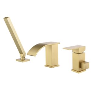 taplong waterfall roman tub faucet with hand shower, deck mount 3 hole bathtub faucet set high flow bath tub faucet set deck mount solid brass, brushed gold，03766bg