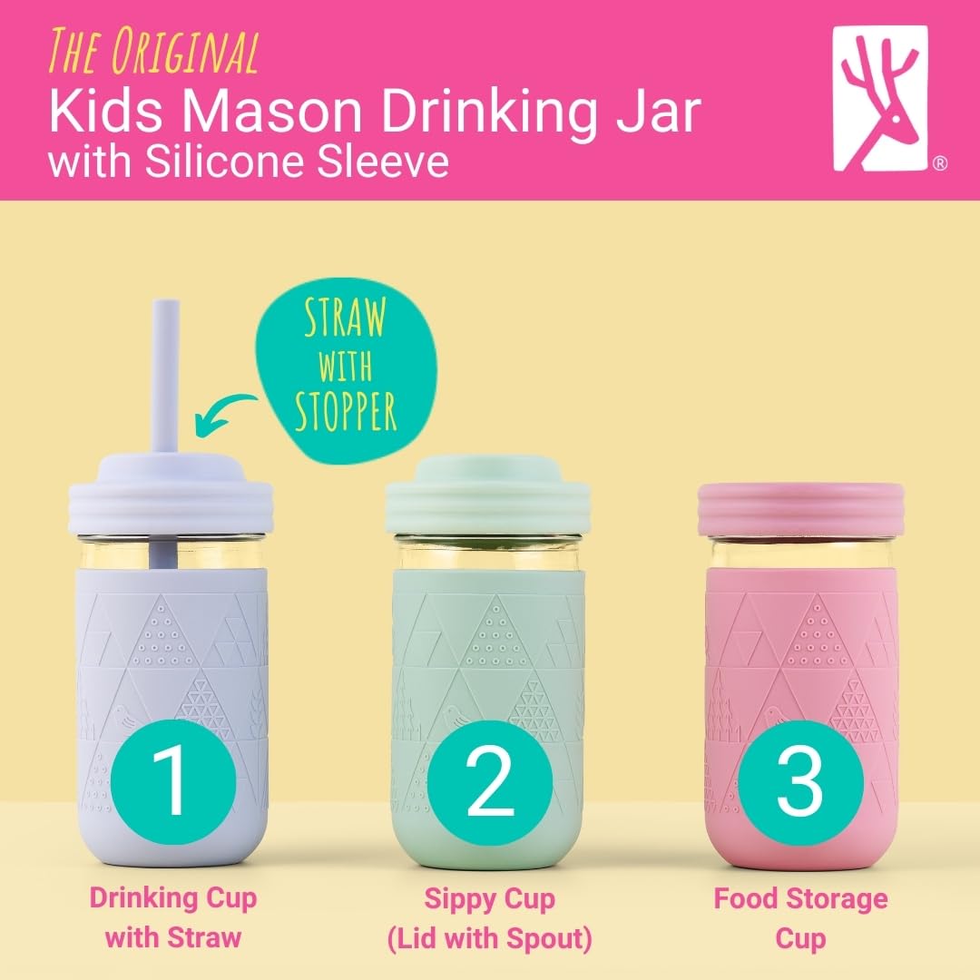 Elk and Friends Kids & Toddler Cups | The Original Glass Mason jars 12 oz with Silicone Sleeves & Silicone Straws | Smoothie Cups | Spill Proof Cups